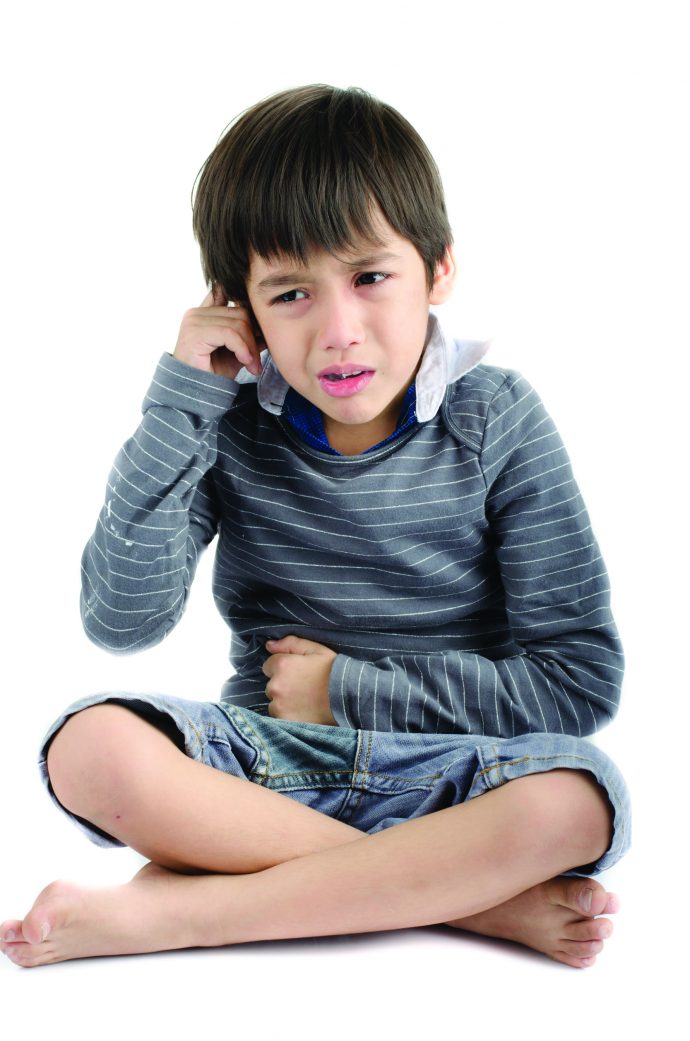 Little boy pain his ear with crying isolate on white background ...